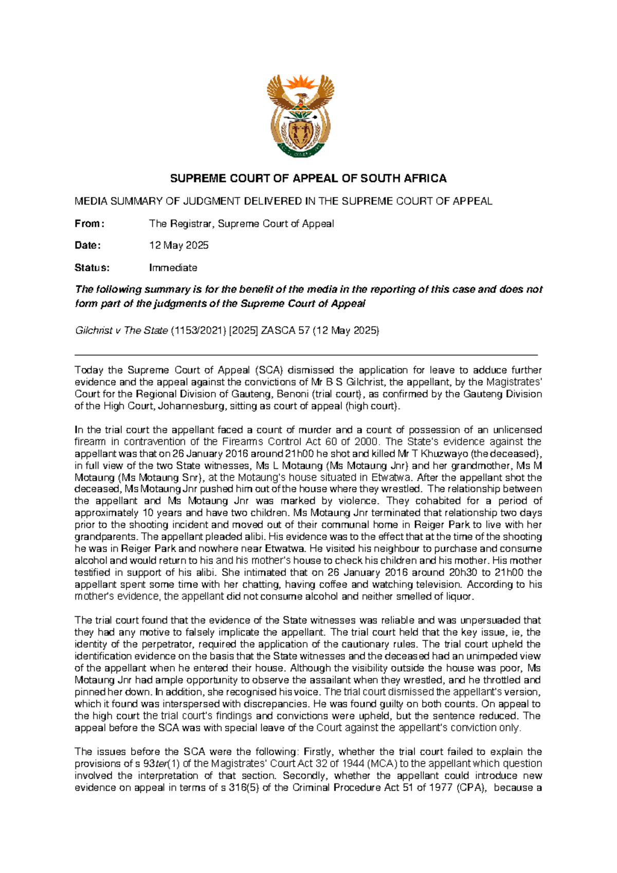 S v Gilchrist: Media Summary of SCA Judgment ZASCA 57 (12 May 2025 ...