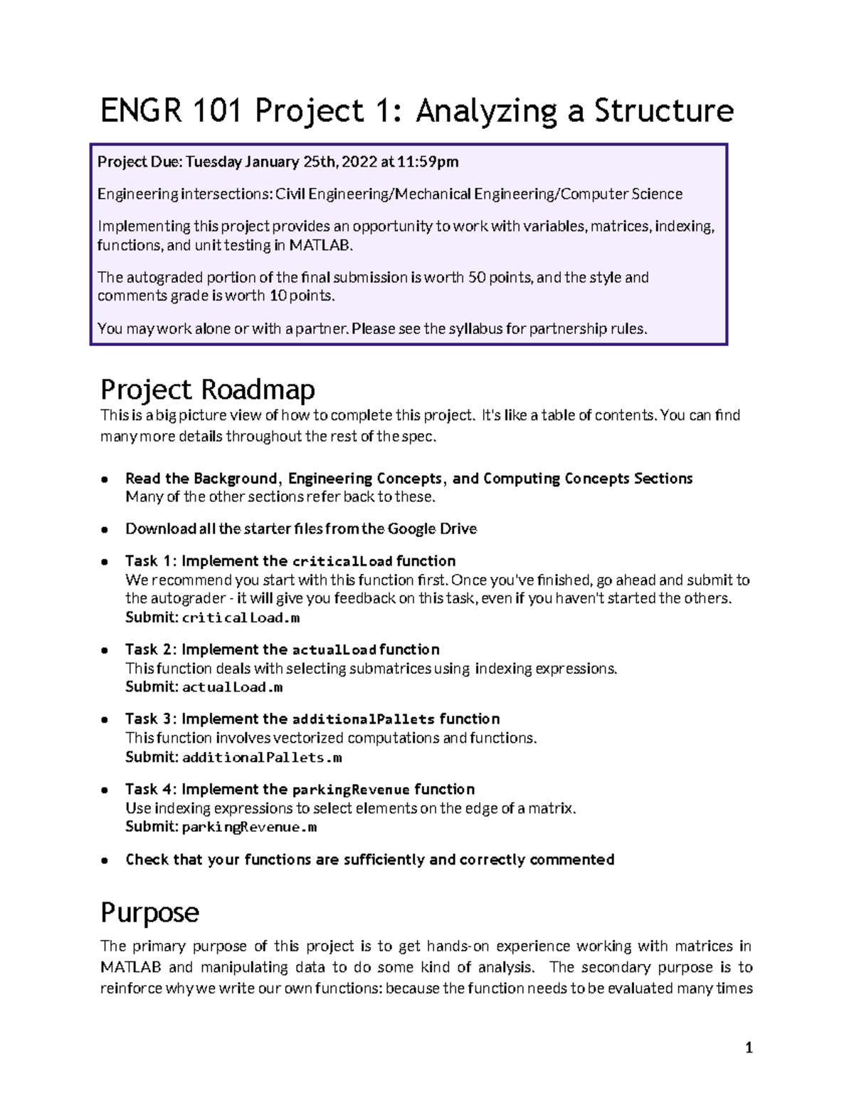 Copy of Project 1 Specifications - ENGR 101 Project 1: Analyzing a Structure Project Due ...
