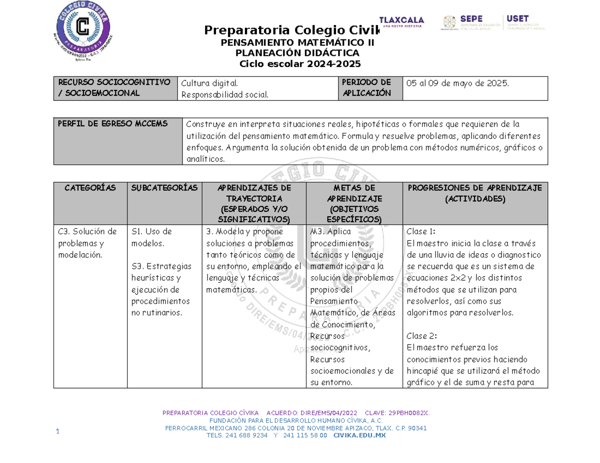 Planeación PM2 Progresión 13 - Semana XIV - Preparatoria Colegio Civika PENSAMIENTO MATEMÁTICO ...