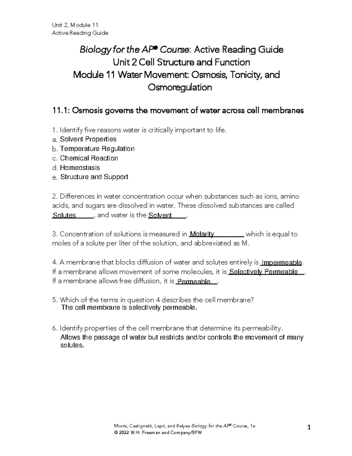 Unit 2 Module 11 AP Biology Active Reading Guide on Osmosis and ...