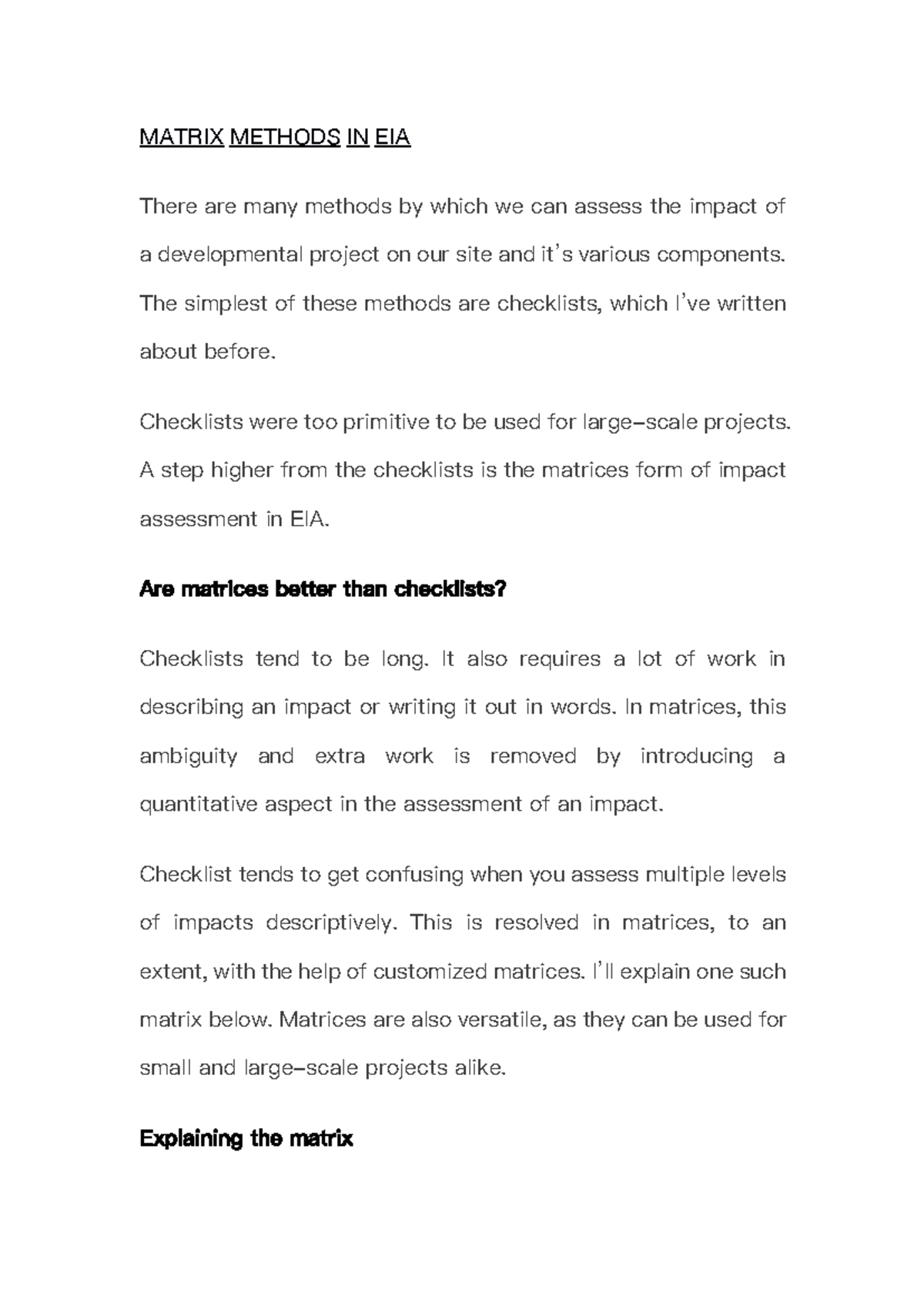 Matrix Methods in EIA: Comprehensive Lecture Notes on Impact Assessment ...
