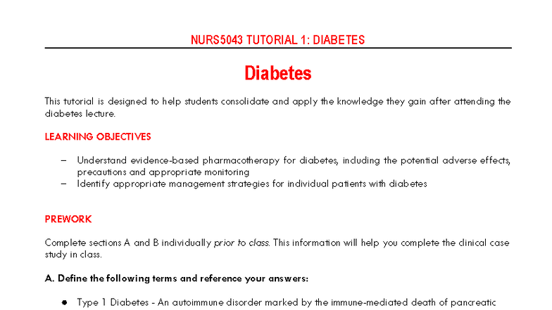 NURS5043 TUTORIAL 1: DIABETES MANAGEMENT AND PHARMACOTHERAPY - Studocu