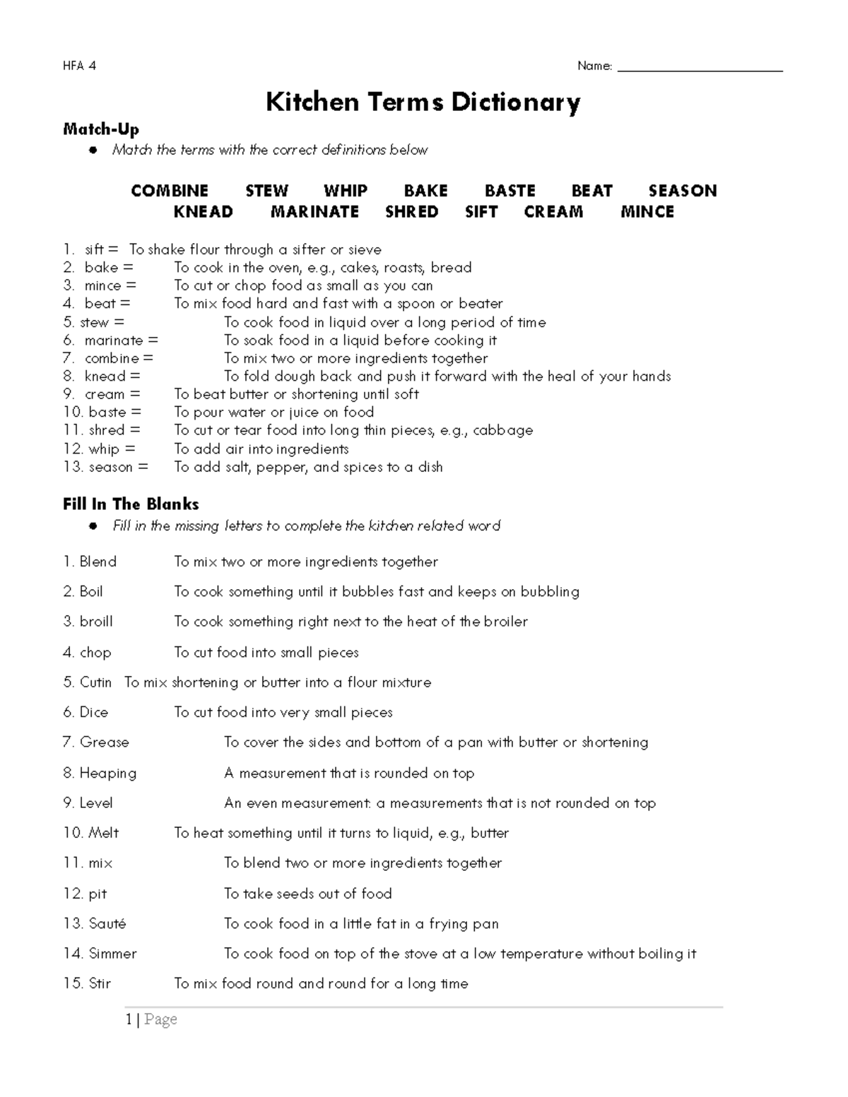 Kitchen Terms Dictionary for HFA4U: Definitions & Activities - Studocu