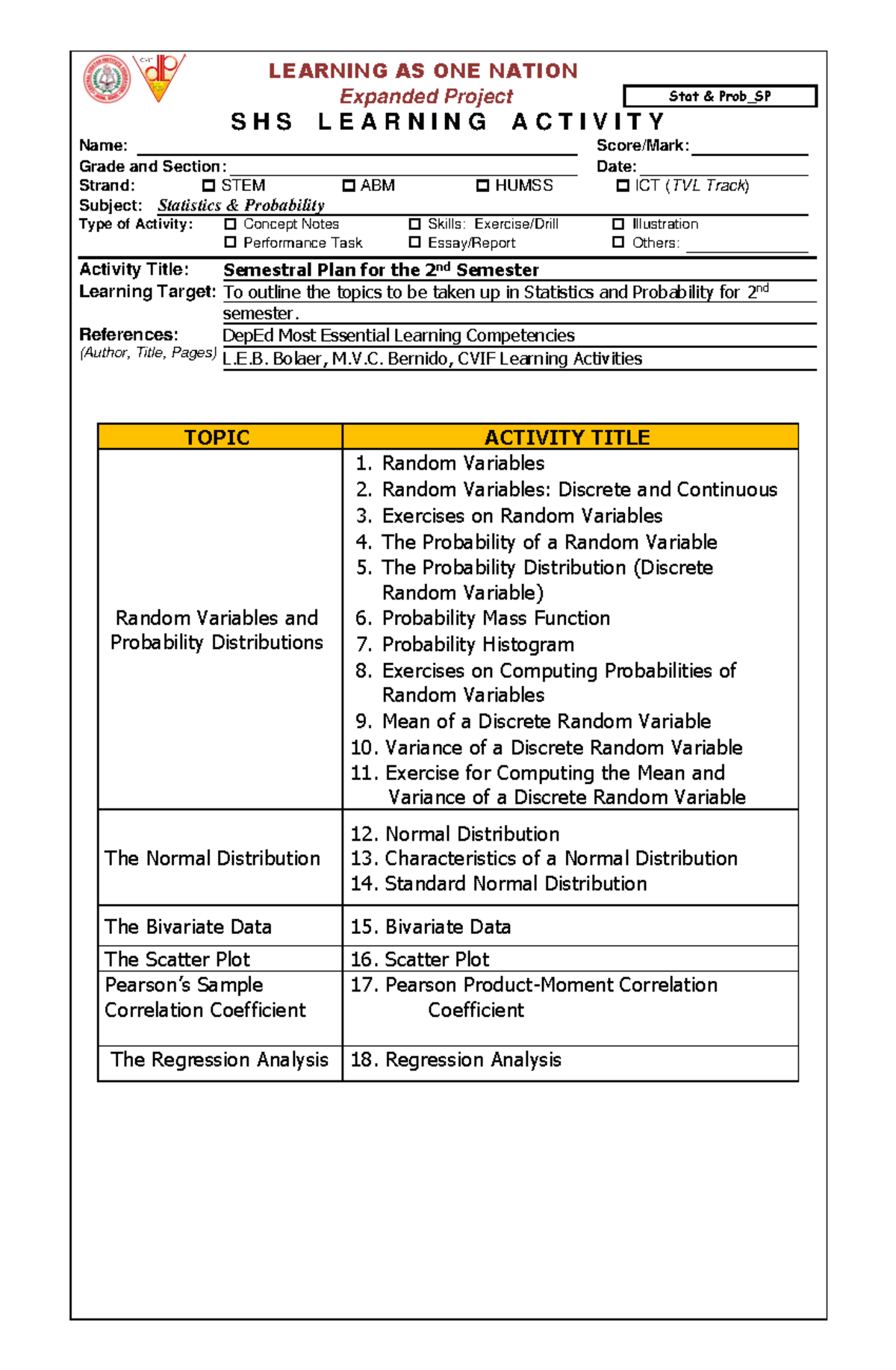 Stat Prob_SP 2nd Sem Semestral Plan for Statistics & Probability - Studocu