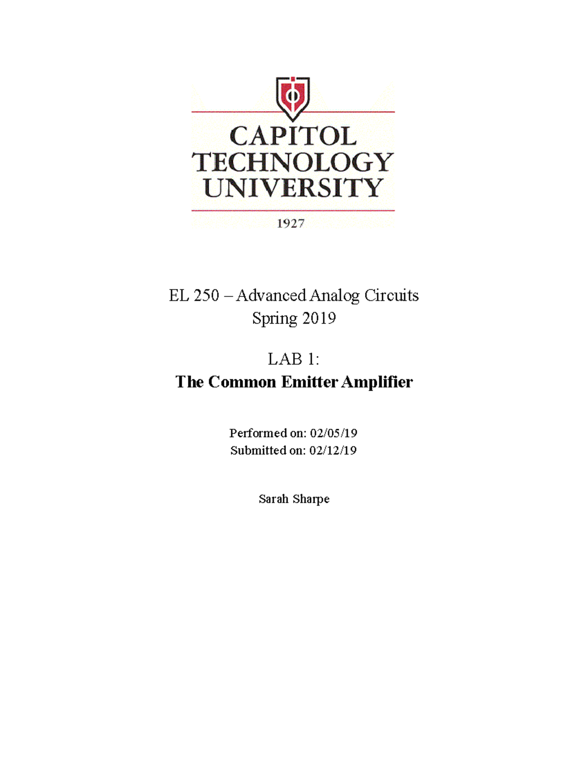 EL 250 Lab 1 - Lab - EL 250 – Advanced Analog Circuits Spring 2019 LAB ...