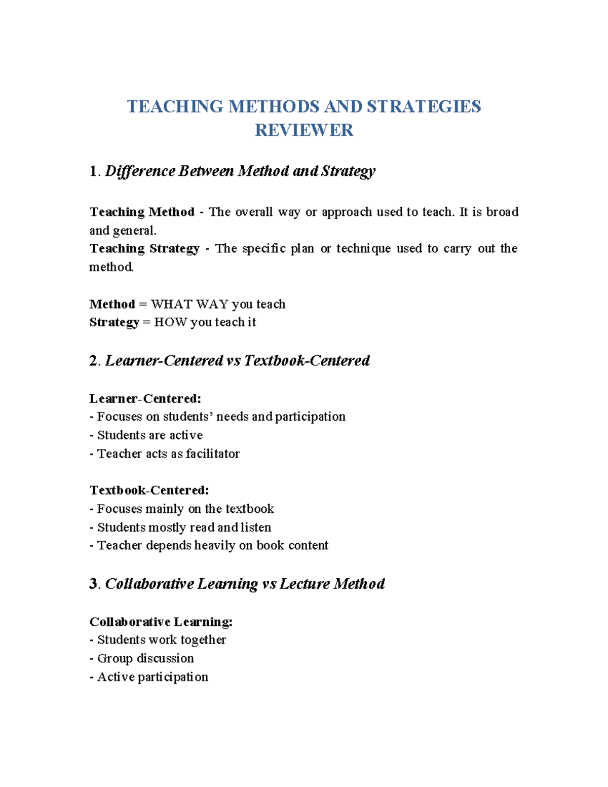 TEACHING METHODS AND STRATEGIES REVIEWER (EDU 101) - Studocu