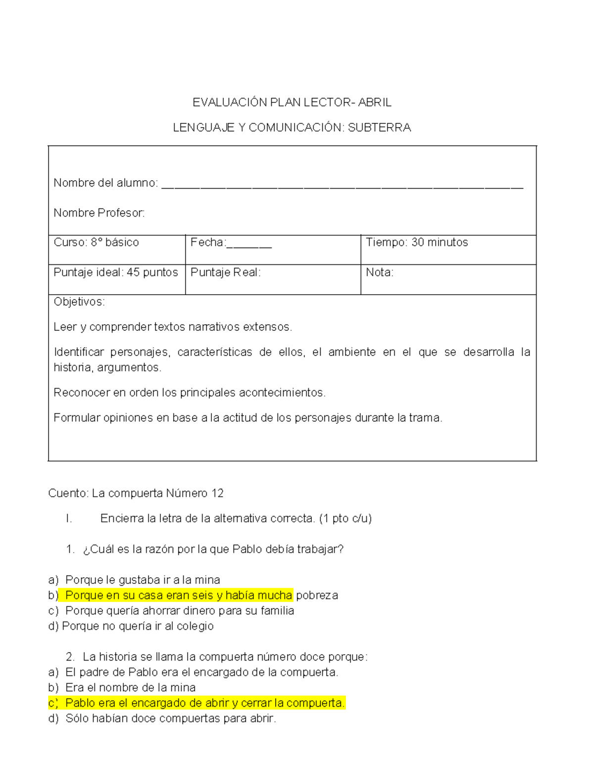 265671405 Evaluación Plan Lector Subterra - Respuestas y Análisis - Studocu