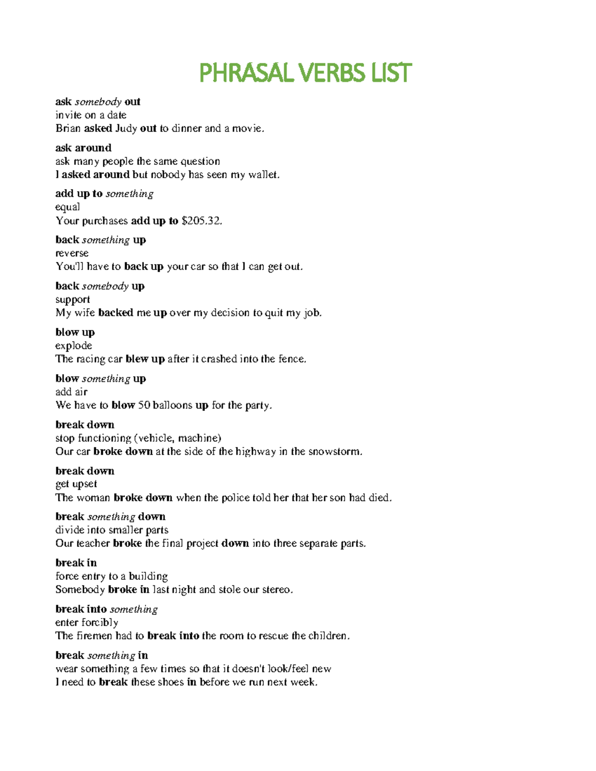 Phrasal verbs List - Lecture notes 1 - PHRASAL VERBS LIST ask somebody ...