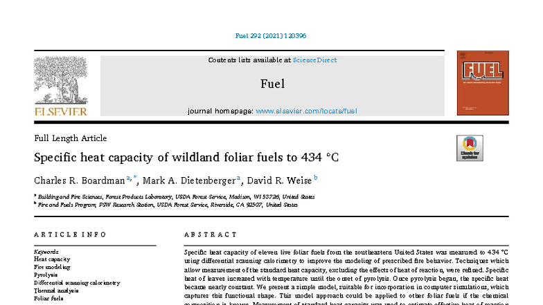 Specific Heat Capacity of Wildland Foliar Fuels (FUEL 292) - Studocu