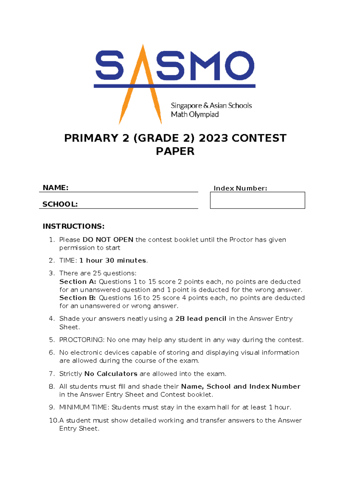 SASMO 2023 Primary 2 (Grade 2) Contest Paper - Studocu