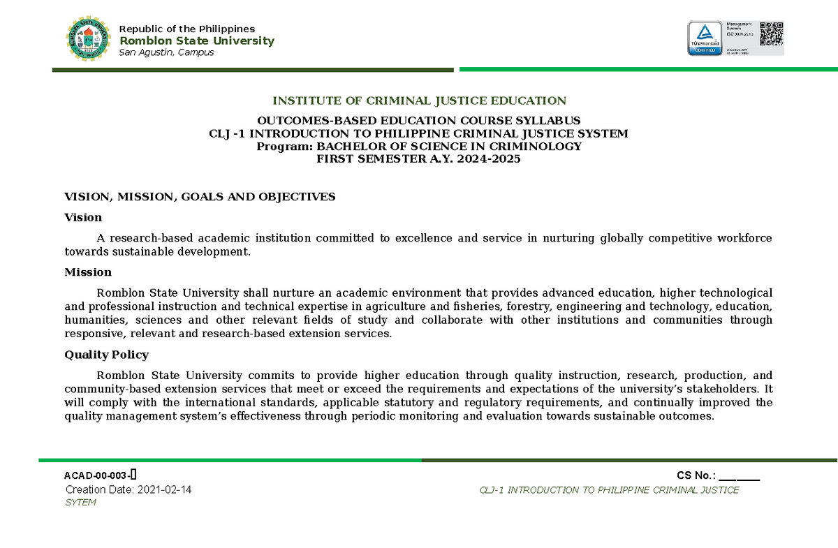 Syllabus CLJ-1: Introduction to the Philippine Criminal Justice System ...