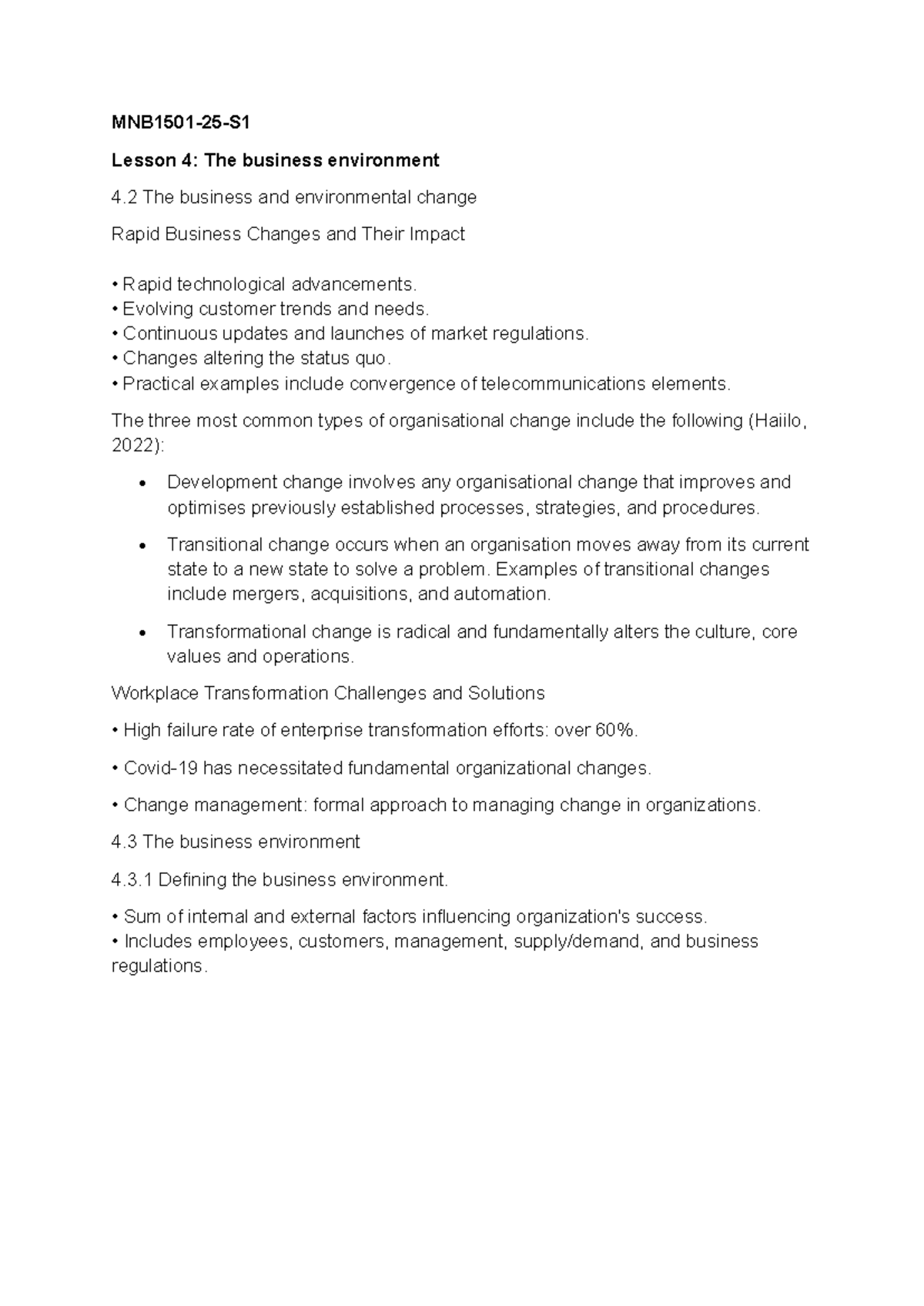 MNB1501 Lesson 4: Understanding Business Environment and Change - Studocu