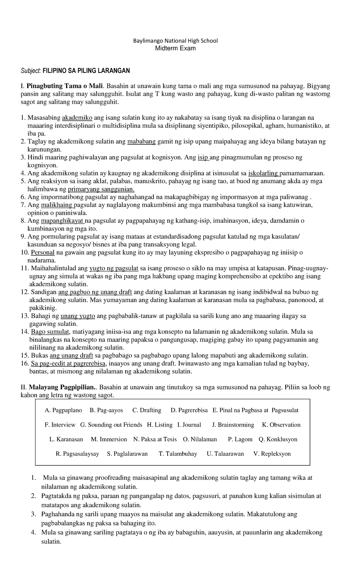 3rd quarter exam filipino sa piling larangan pdf free - Baylimango National High School Midterm ...