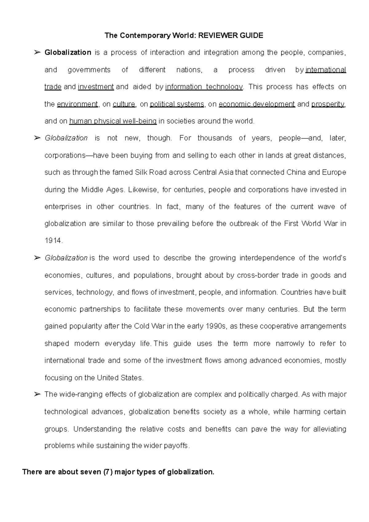 Chapter 2,3, and 4 - Summary The Contemporary World - CHAPTER 2 The ...
