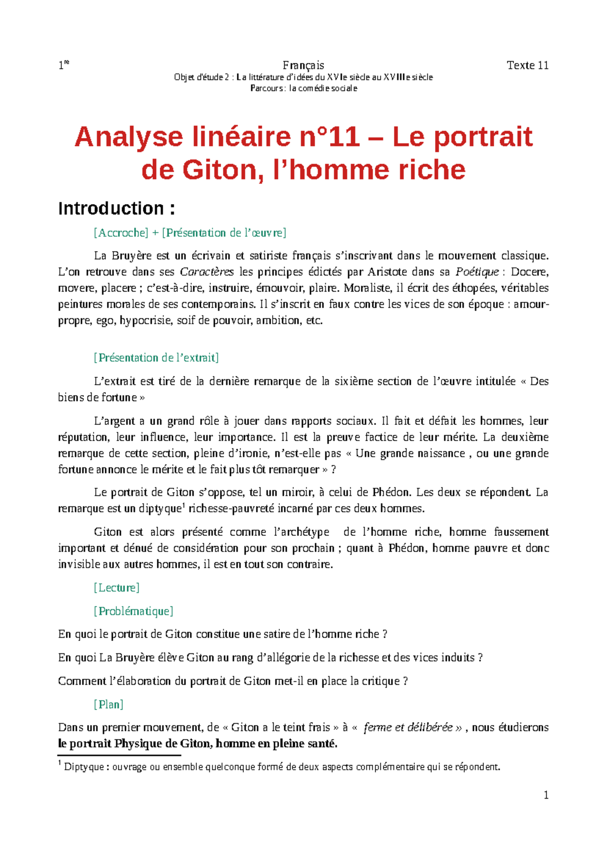 Texte 11 - Analyse du Portrait de Giton : Satire Sociale (1re Français ...