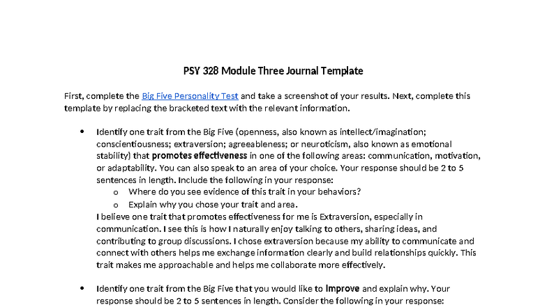 PSY 328 Big Five Personality Test Reflection Journal - Studocu