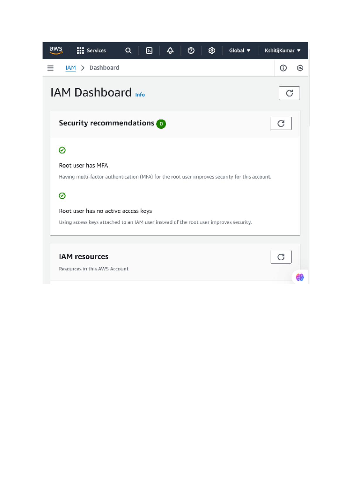 AWS Doc - It is manual thing - aws Services ? Global KshitijKumar IAM Dashboard i IAM Dashboard ...