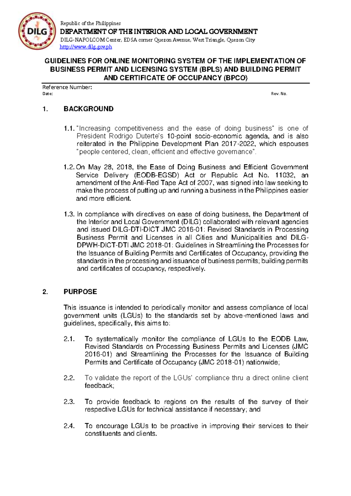 DILG BPLS & BPCO Compliance Monitoring Guidelines Form 1 - Studocu