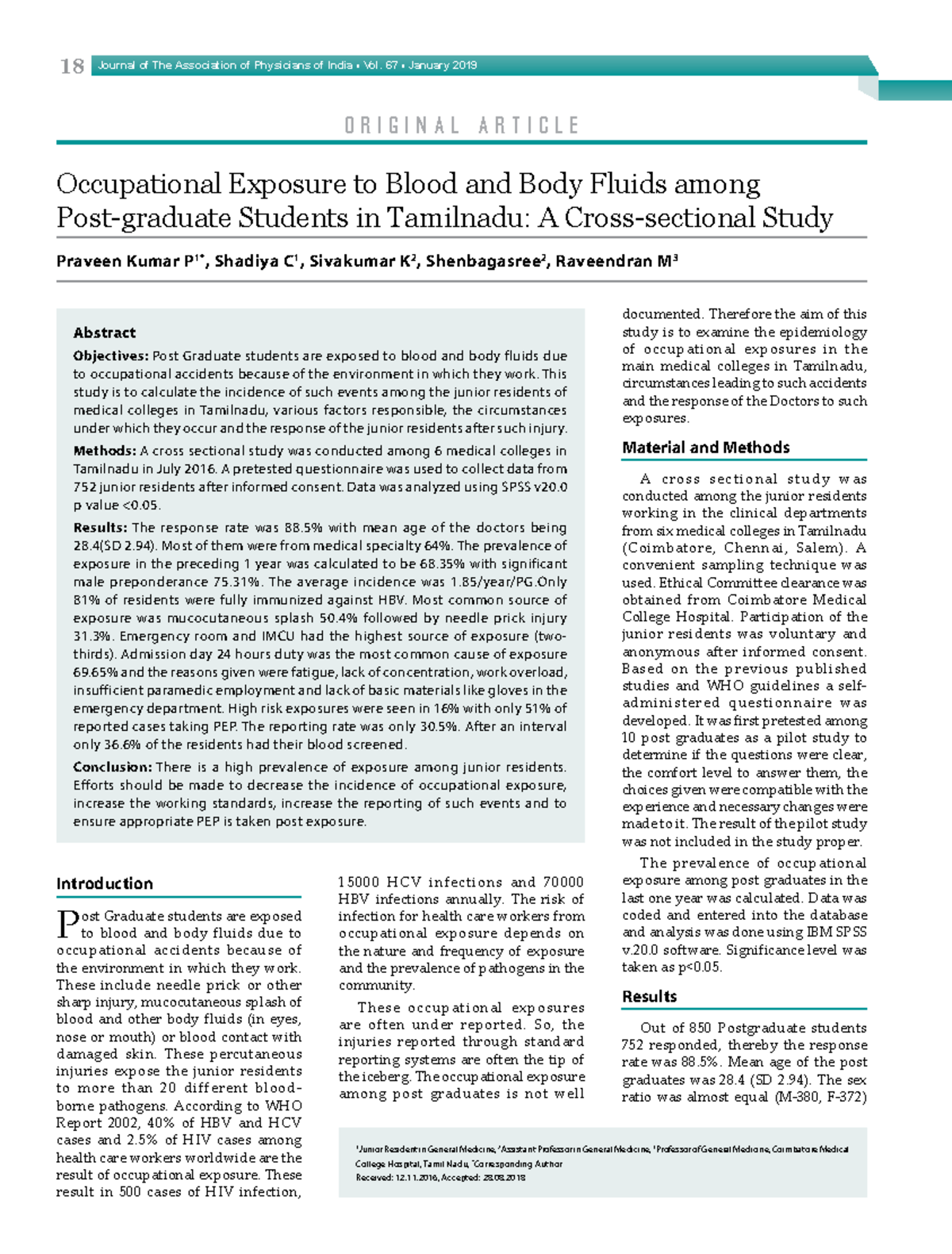 Occupational exposure to blood - 18 Journal of The Association of ...
