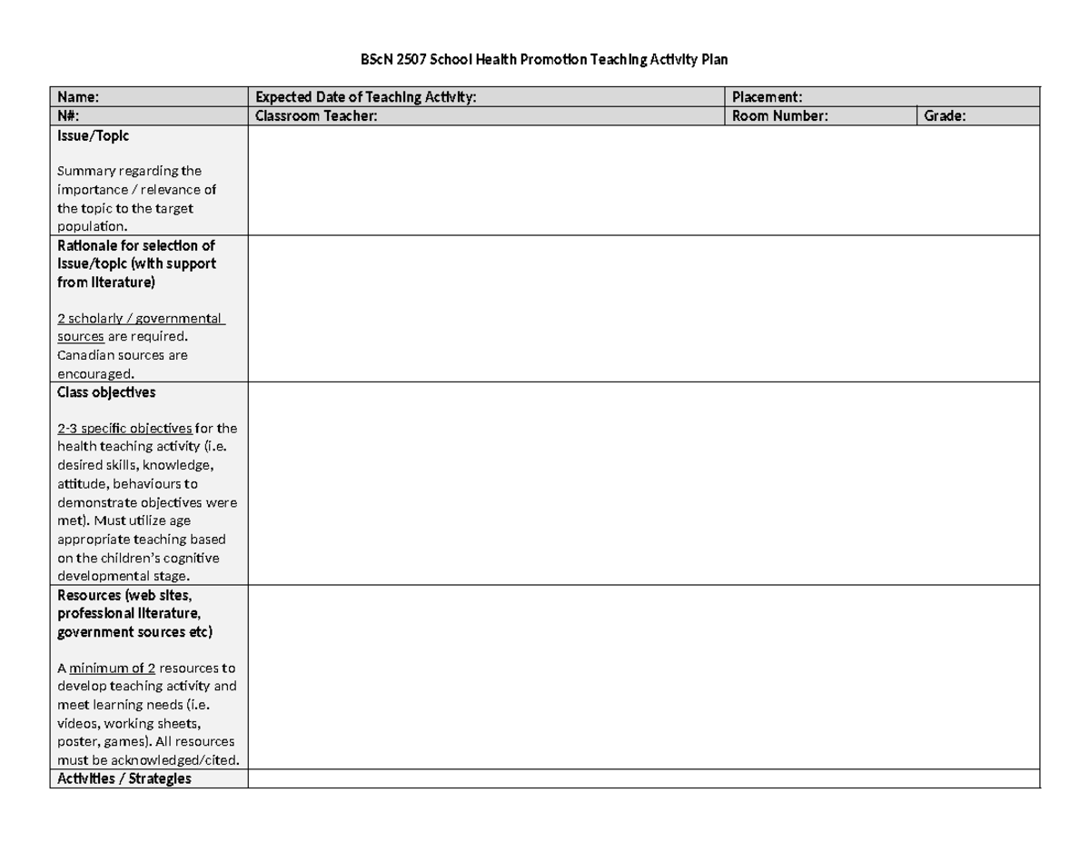BScN 2507 School Health Promotion Teaching Activity Plan Summary - Studocu