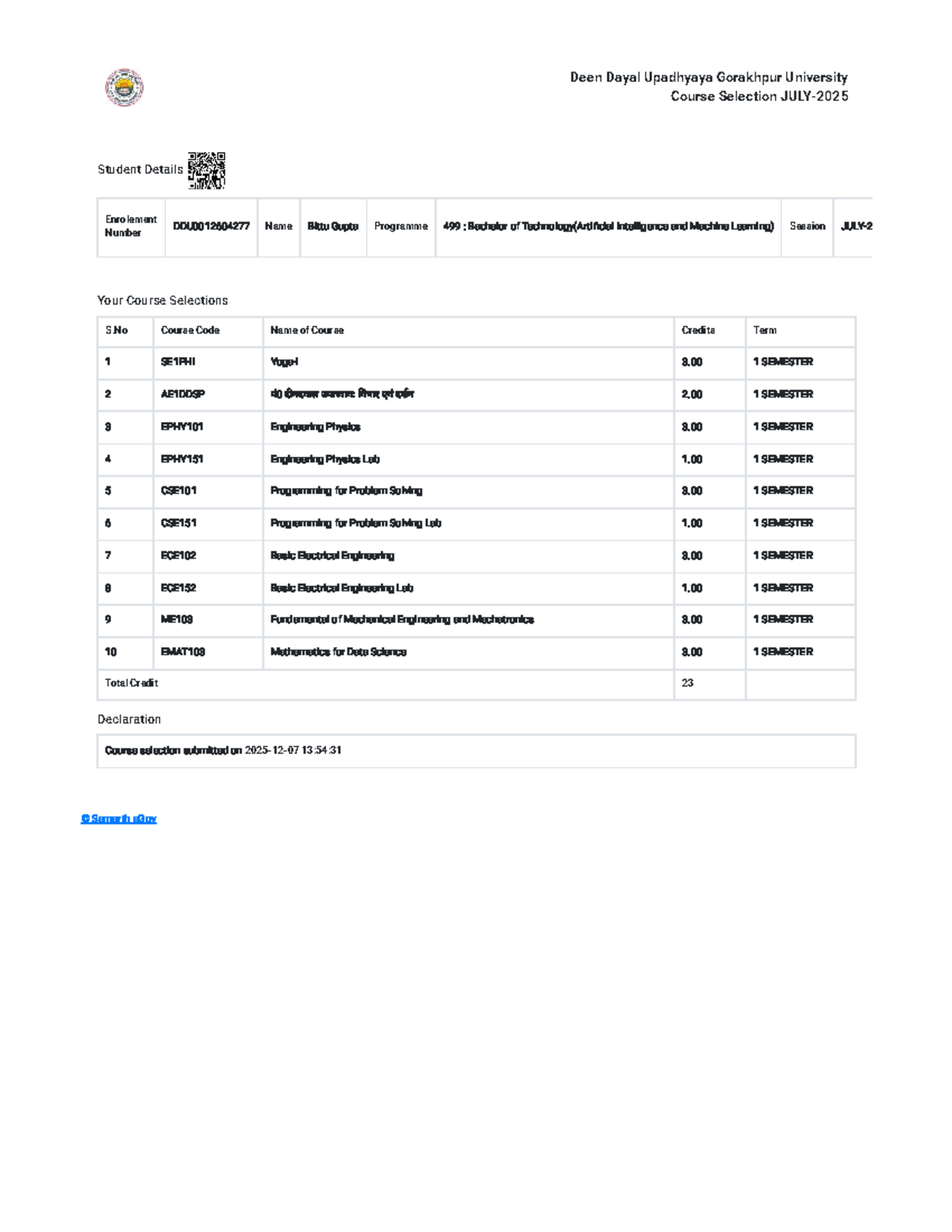 DDU B.Tech AI & ML Course Selection for Minor Exam - Studocu