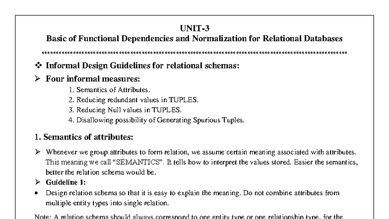 DBMS UNIT-4: Functional Dependencies & Normalization Guidelines - Studocu