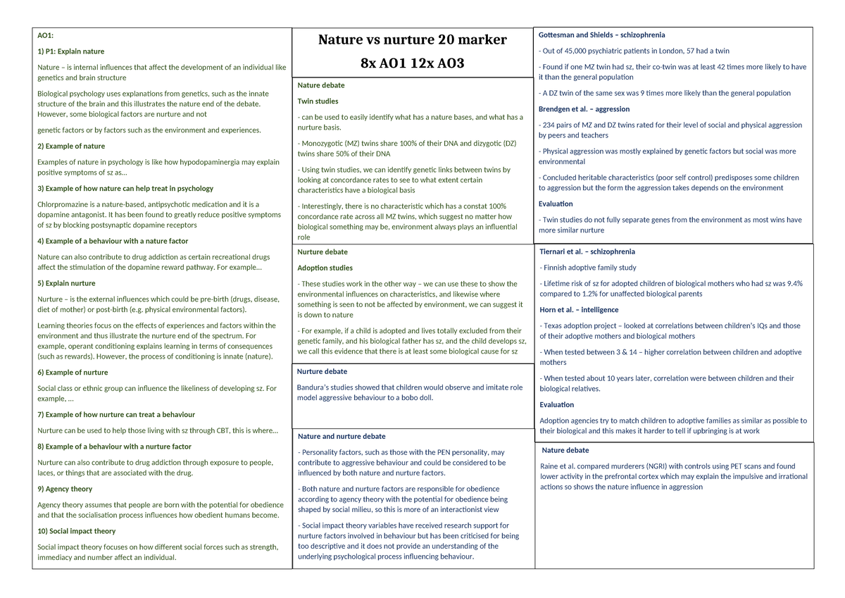 AO1: Nature vs Nurture Debate in Psychology - 20 Marker Analysis - Studocu