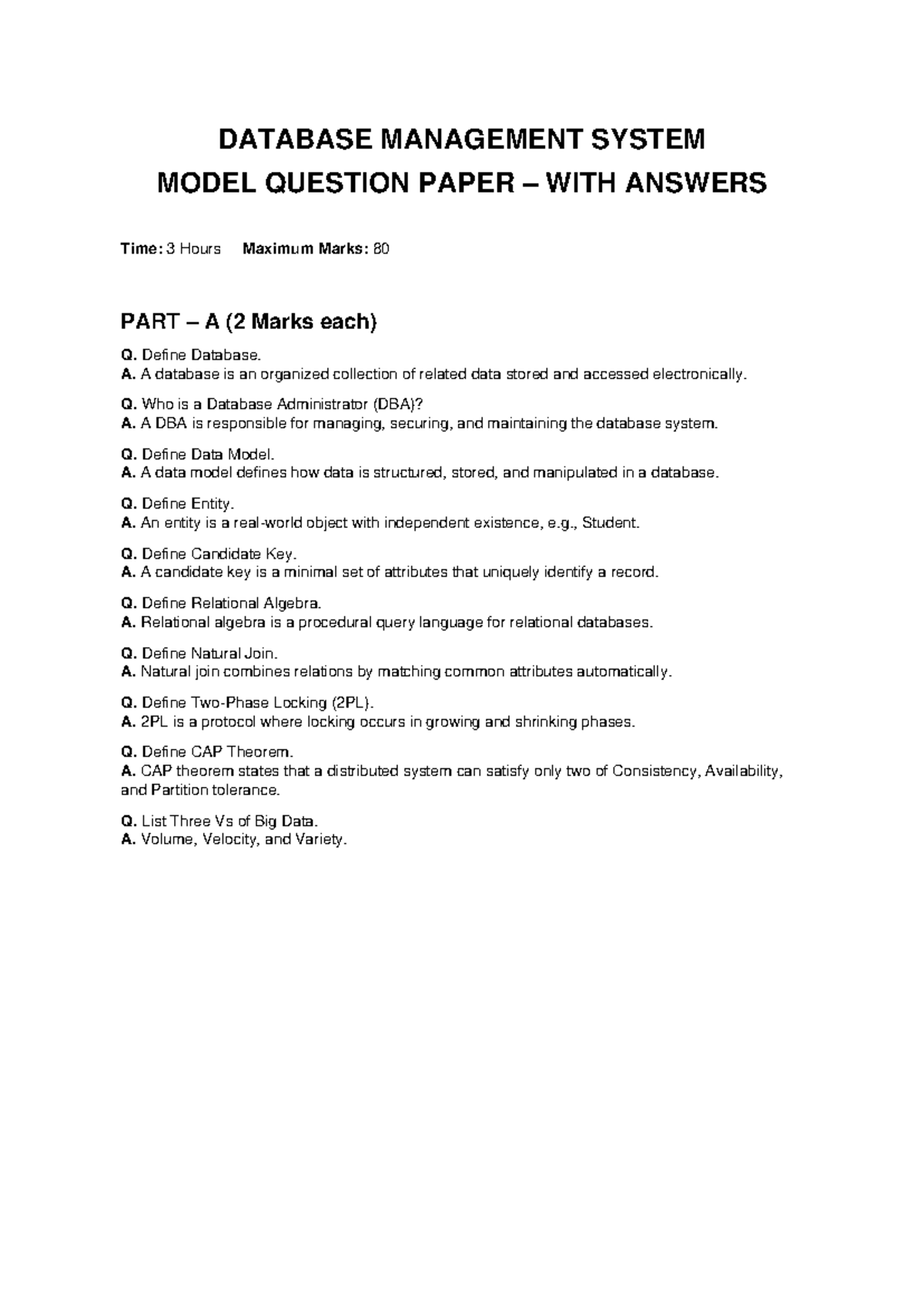 DBMS 101 Final Exam Model Question Paper with Answers - Studocu