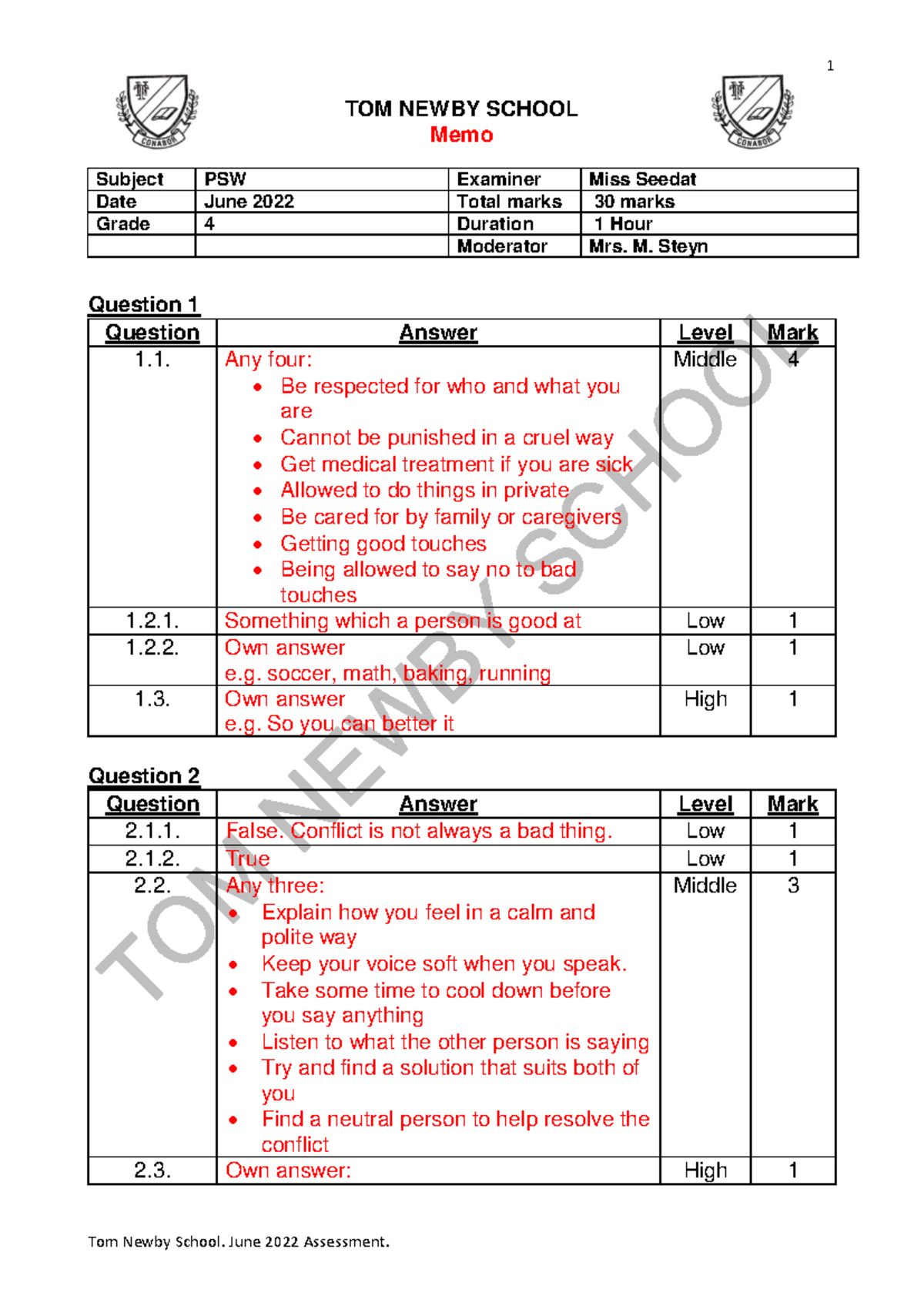 Grade 4 Life Skills Assessment Memo - June 2022 - Studocu