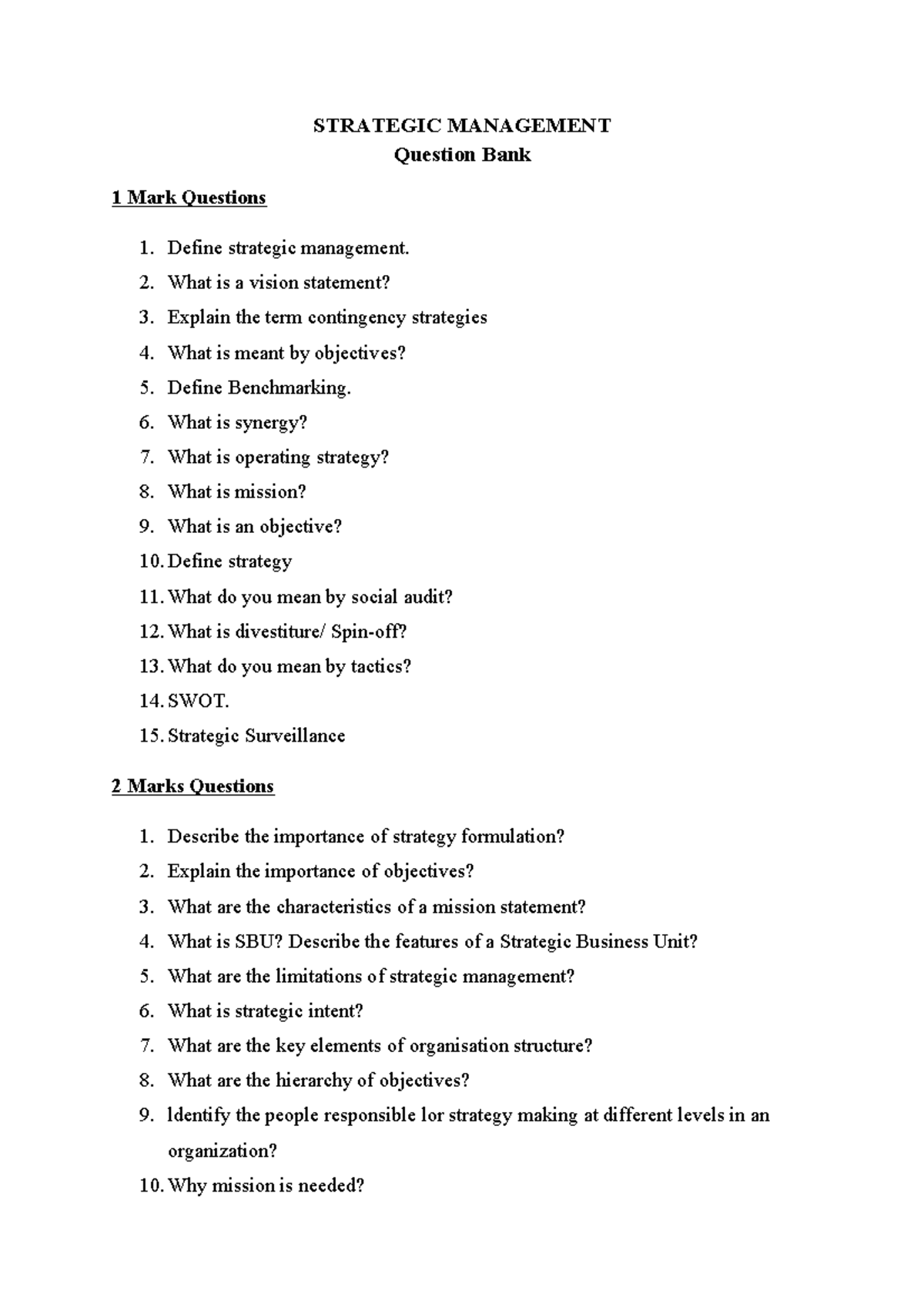 SM Strategic Management Question Bank: 1, 2, and 4 Marks Questions ...