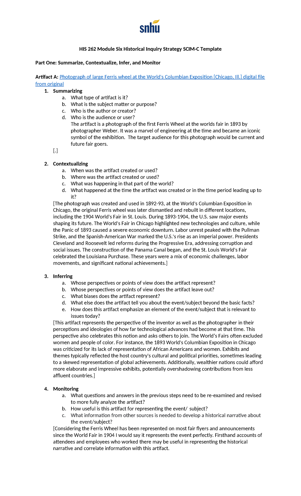 HIS 262 Module Six Historical Inquiry Strategy SCIM-C Analysis Guide ...