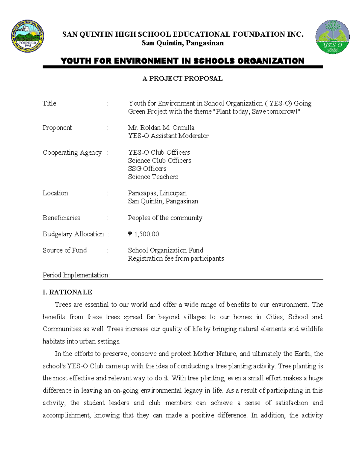 419908276 YES-O Going Green Project Tree Planting Proposal - Studocu