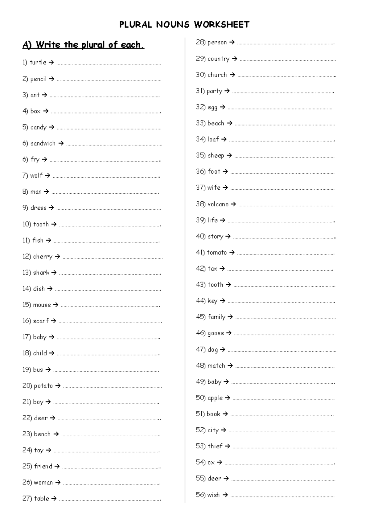 PLURAL NOUNS WORKSHEET (Grammar Drills) - Studocu