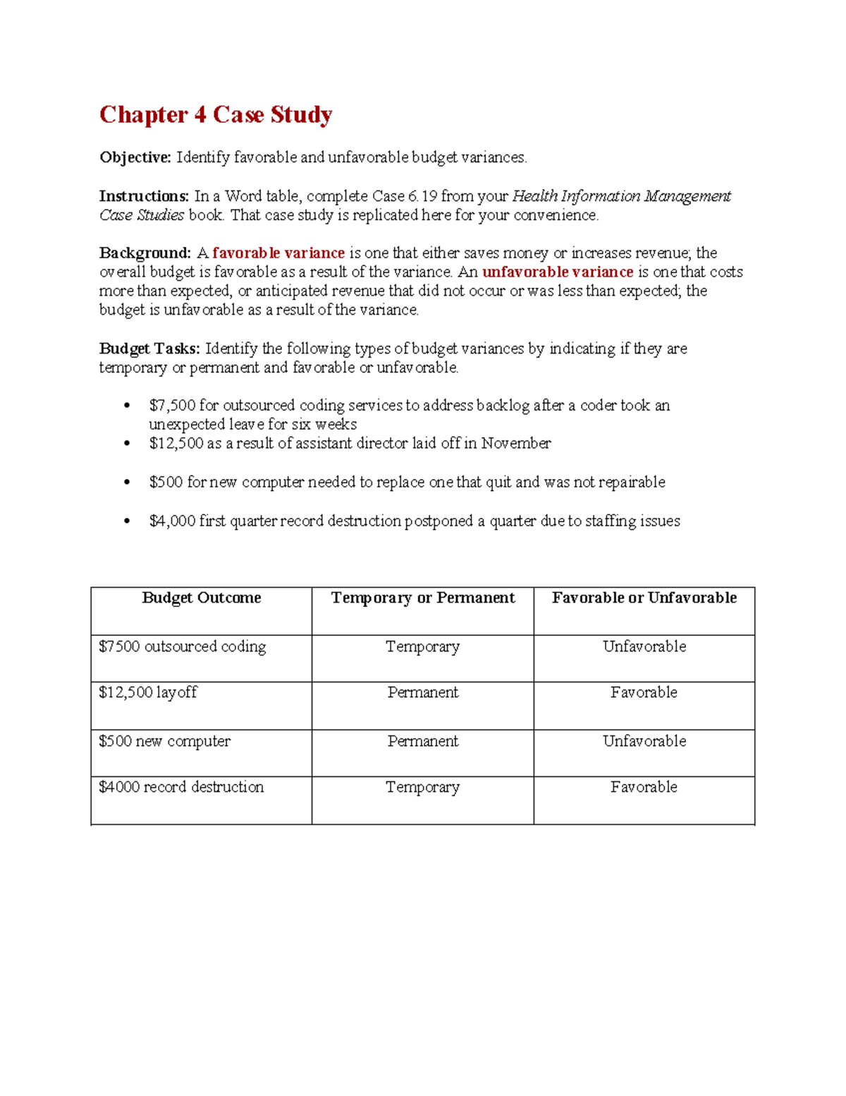 Chapter 4 Case Study: Identifying Budget Variances in Coursework - Studocu