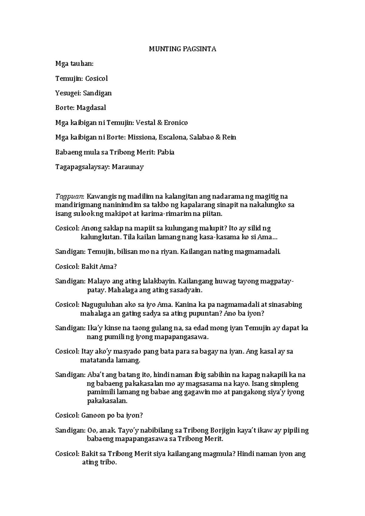 MUNTING PAGSINTA: Tauhan at Tagpuan sa Kwento ng Pag-ibig - Studocu