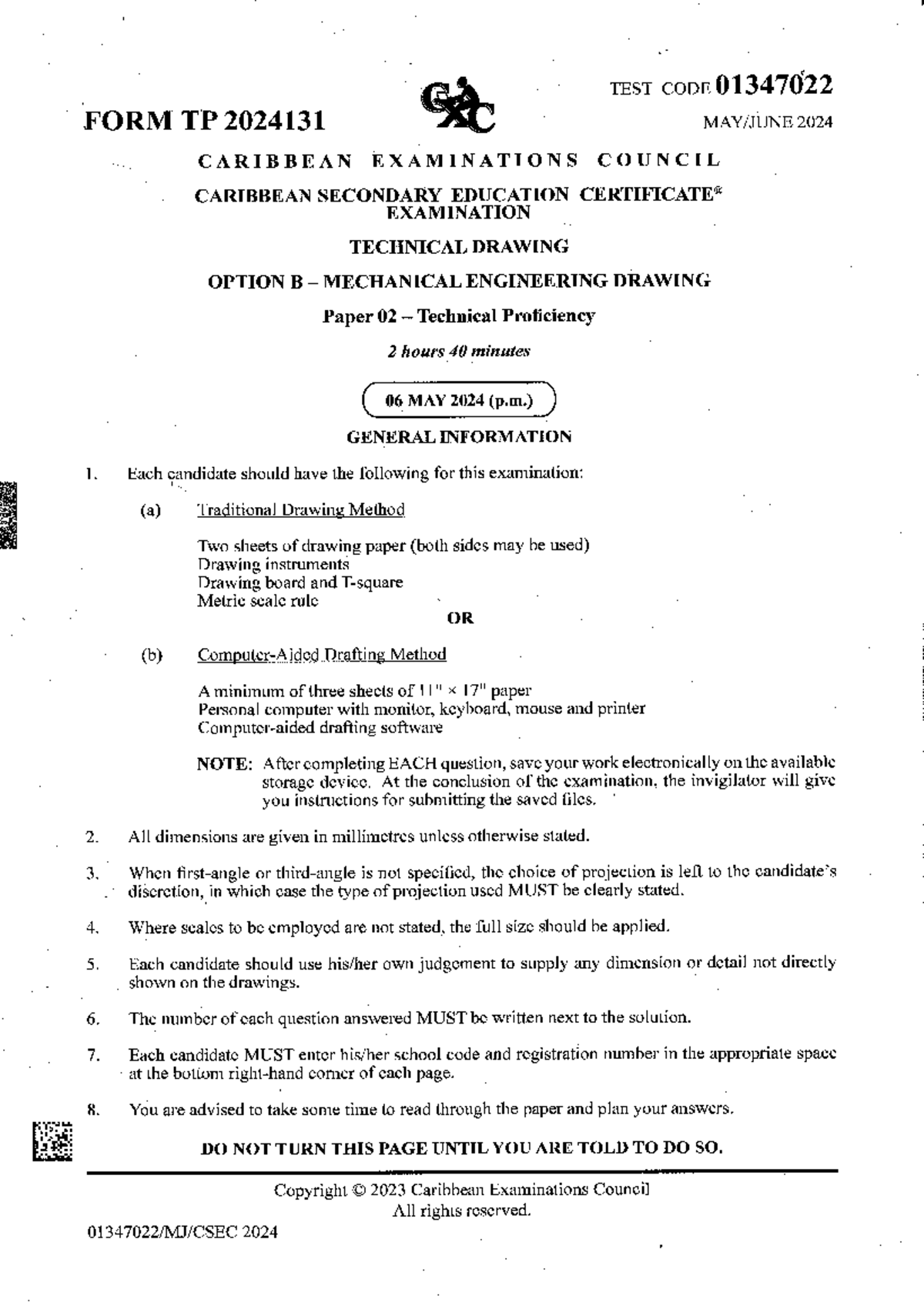 CSEC Technical Drawing Opt B MDraw Final Exam Paper 02 June 2024 - Studocu