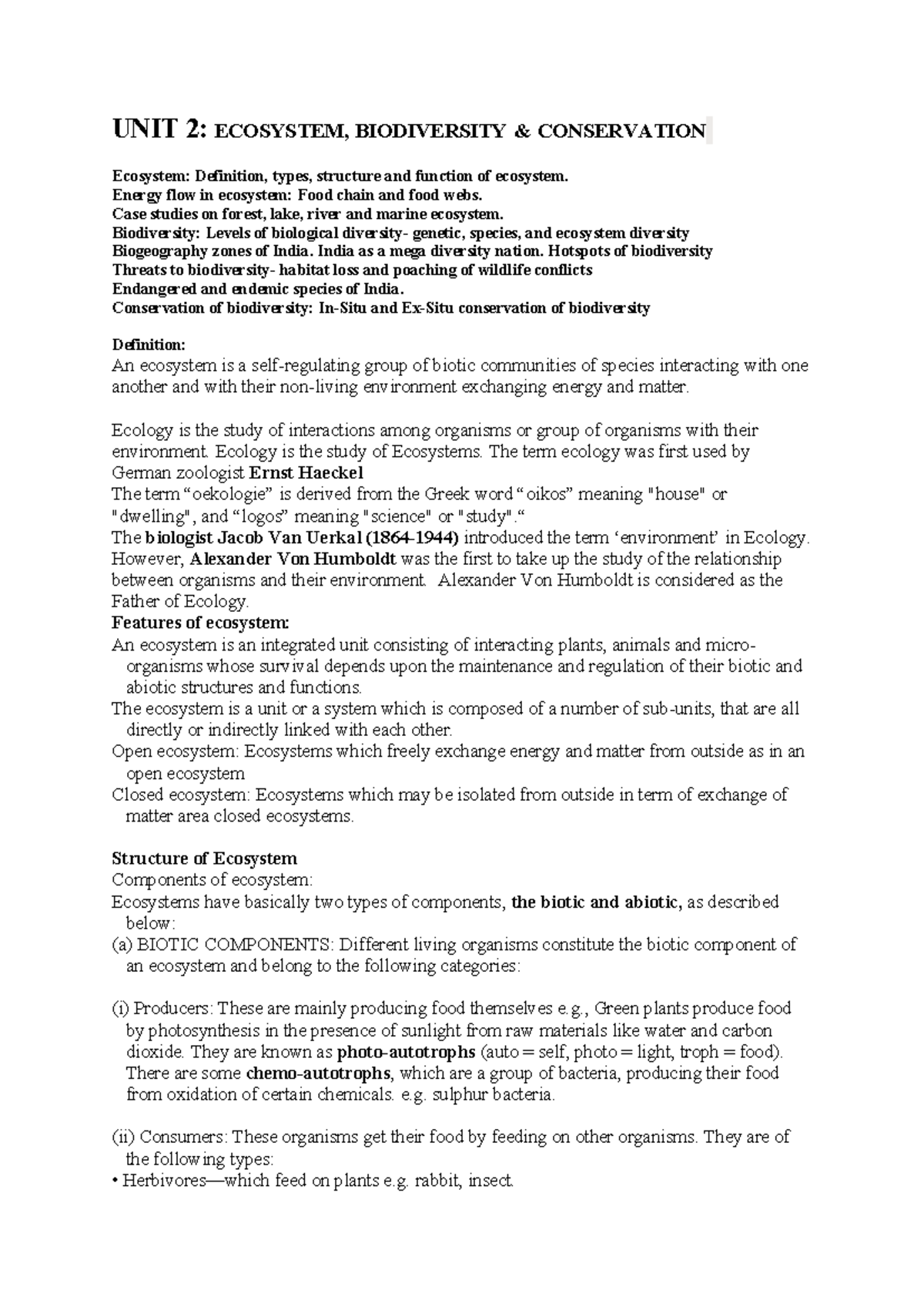 EVS Unit 2: Ecosystem & Biodiversity Conservation Notes - AECC - Studocu