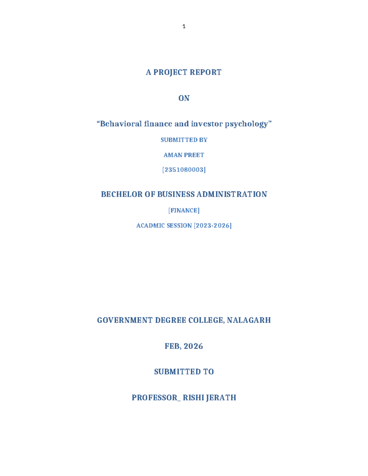 BBA Project Report: Behavioral Finance & Investor Psychology - Studocu
