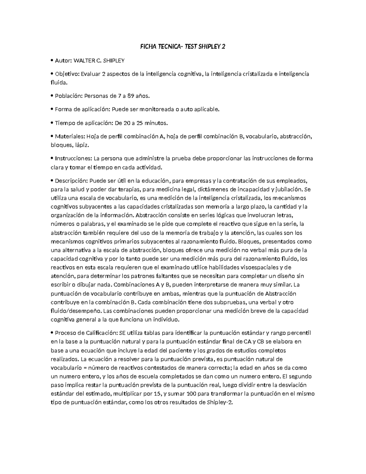 Ficha Técnica del Test Shipley 2: Evaluación Cognitiva y Proceso de ...