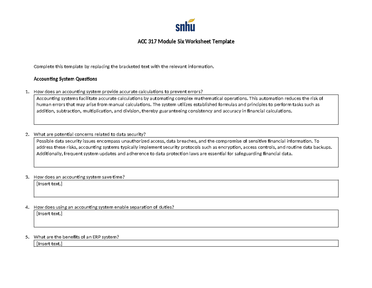 ACC 317 Module Six Worksheet: Accounting System Insights - Studocu