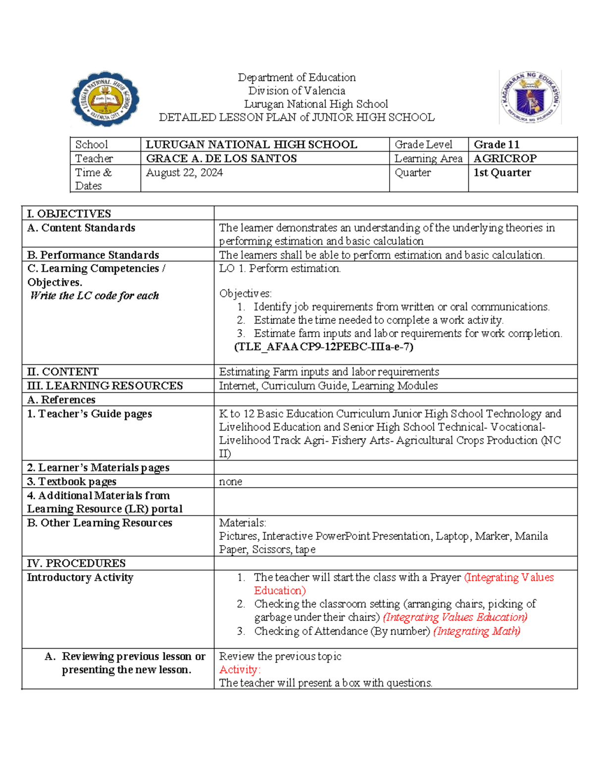 Final Lesson Plan for AGRICROP 11B: Estimation & Calculation Skills ...