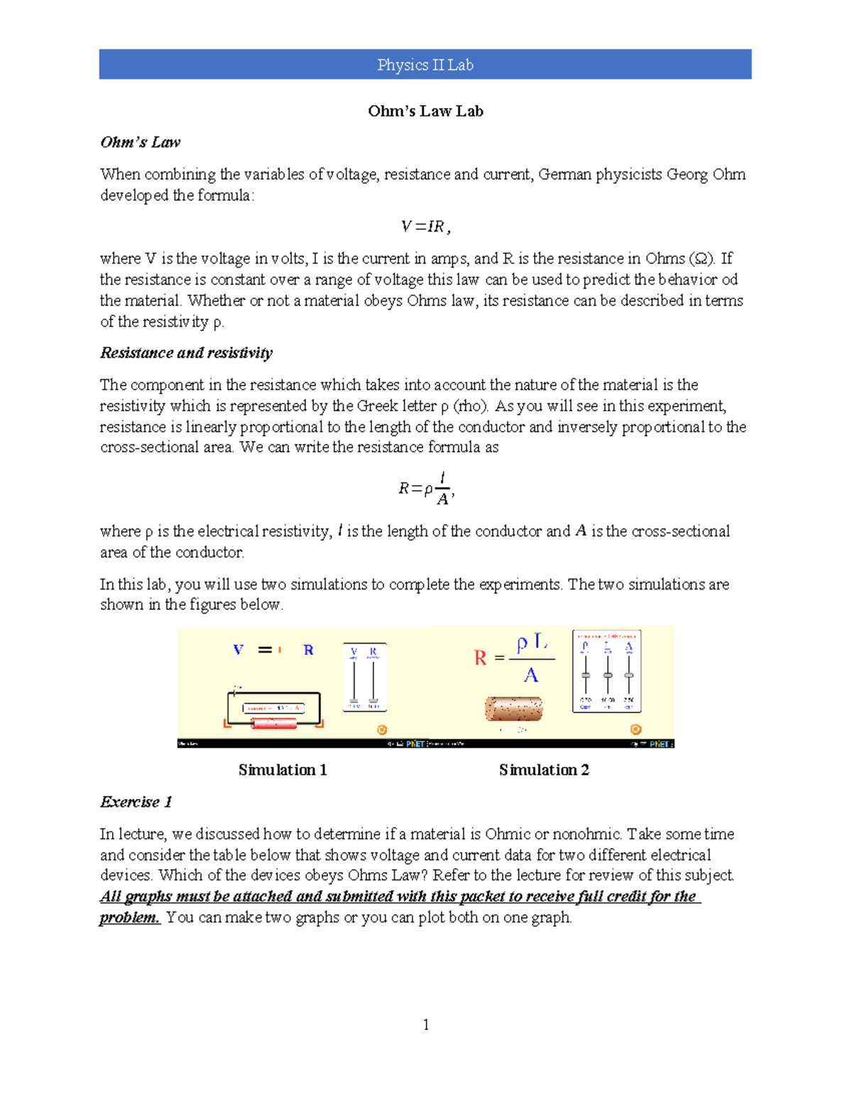 Phys 101: Ohm's Law Lab on Resistance and Electrical Behavior - Studocu