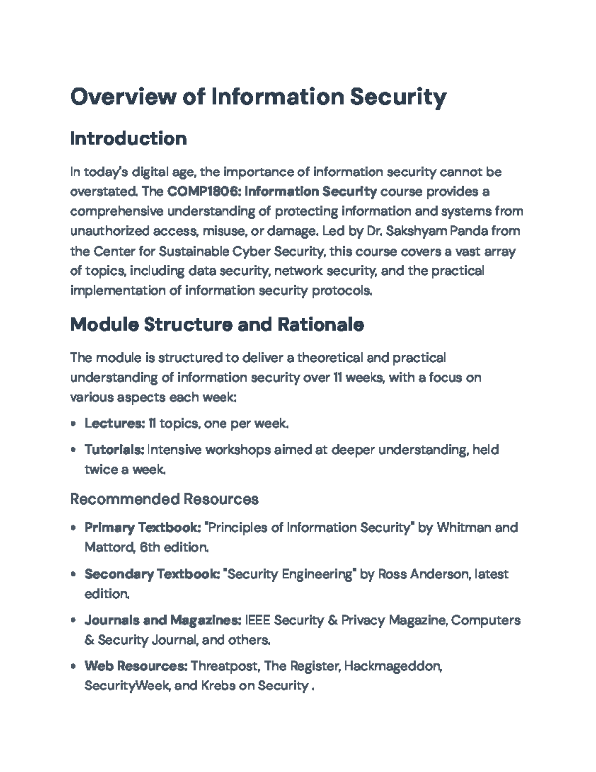 COMP1806: Overview of Information Security Course Module - Overview of ...