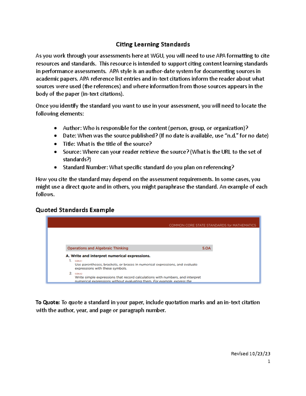 Citing Learning Standards in APA Format for Assessments - Studocu