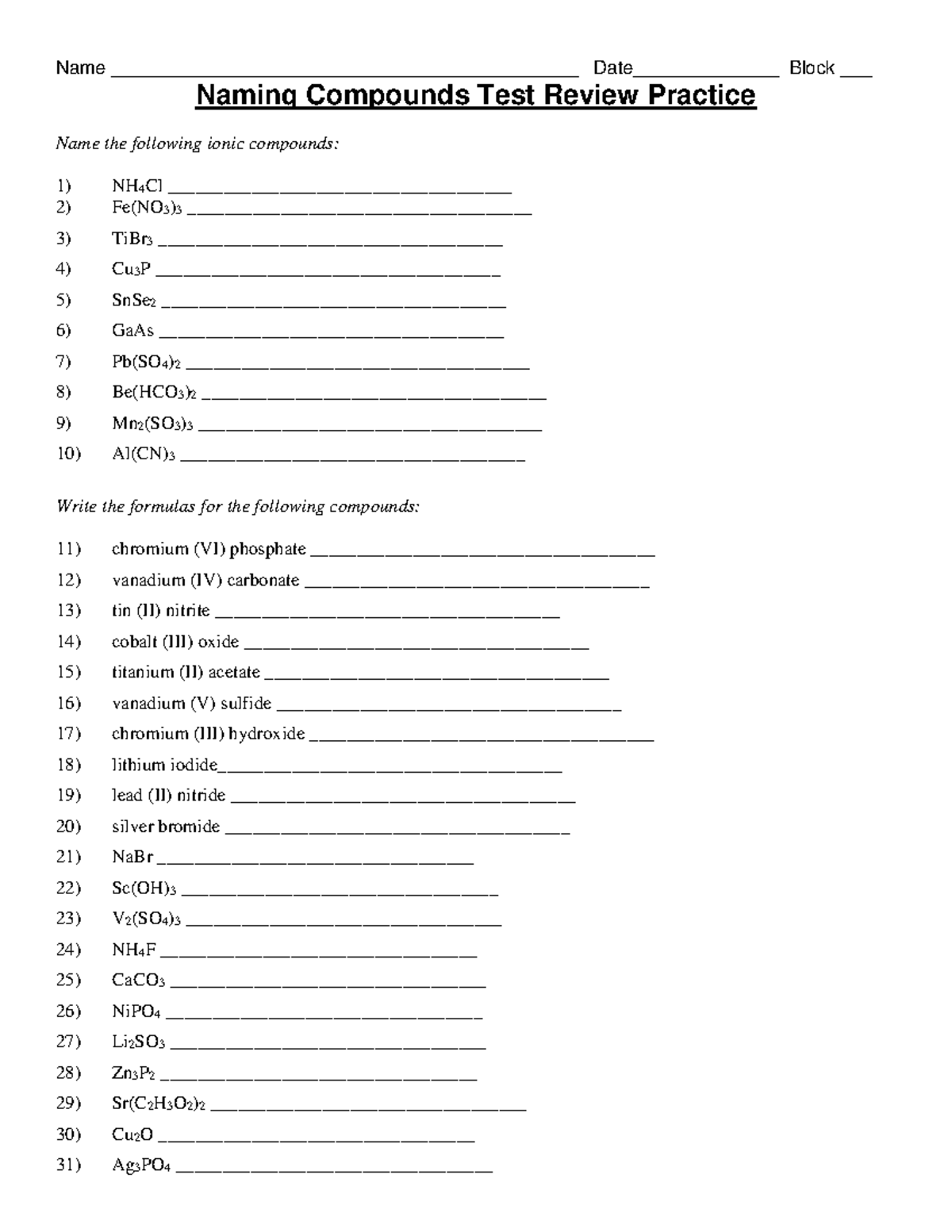 Naming Ionic Compounds Practice Worksheet Review - Studocu