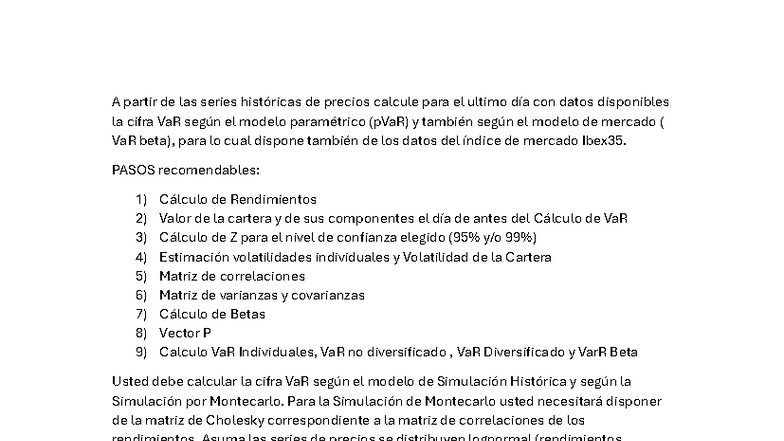 Cálculo de VaR Paramétrico y Simulación Histórica - Tarea Riesgos - Studocu