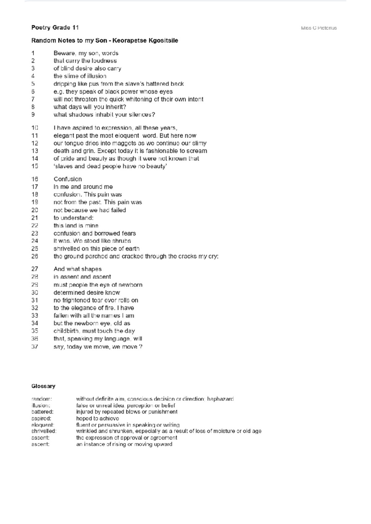 Analysis of "Random Notes to My Son" - Poetry Grade 11 - Studocu