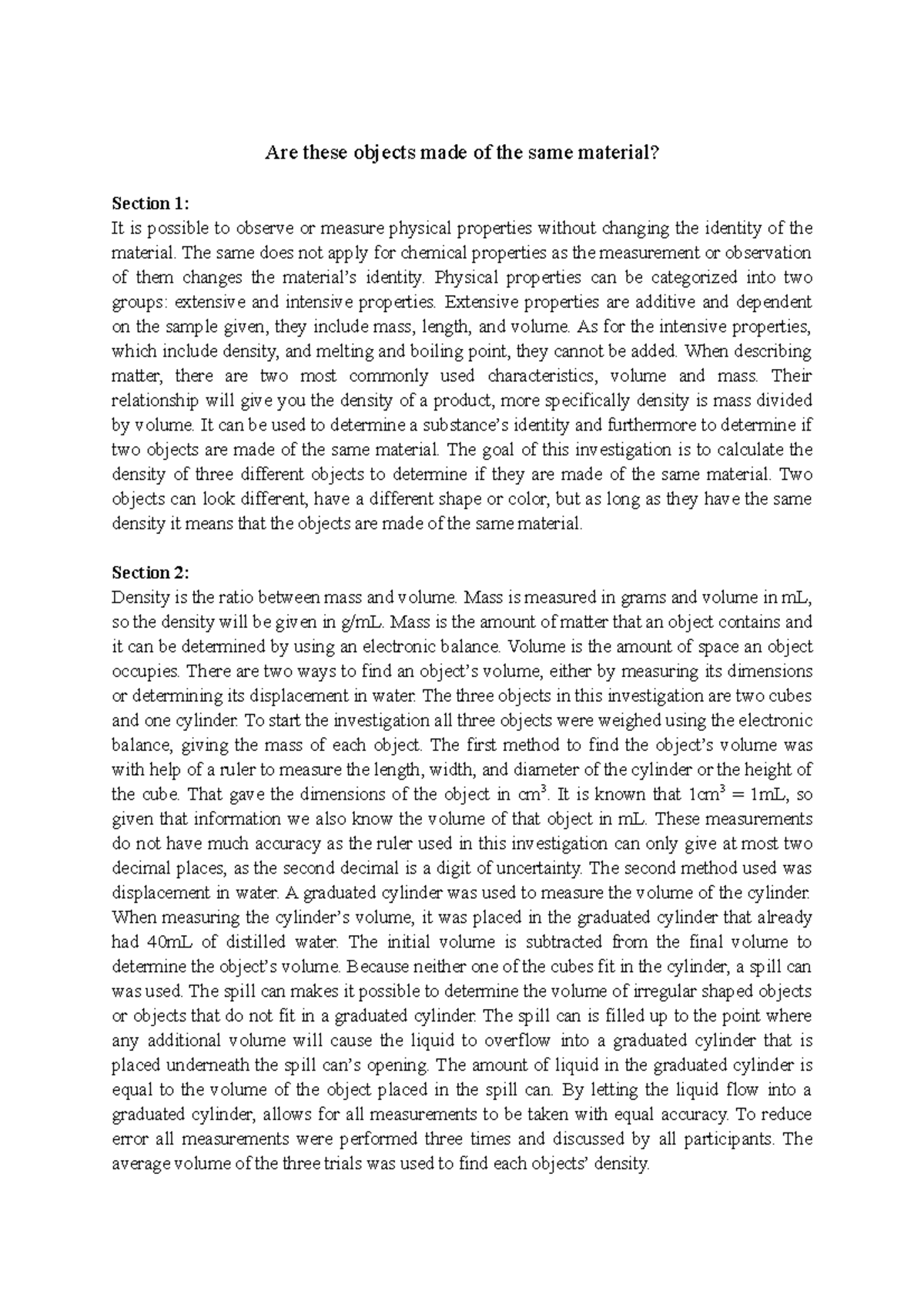 Chem - Lab report - Are these objects made of the same material ...