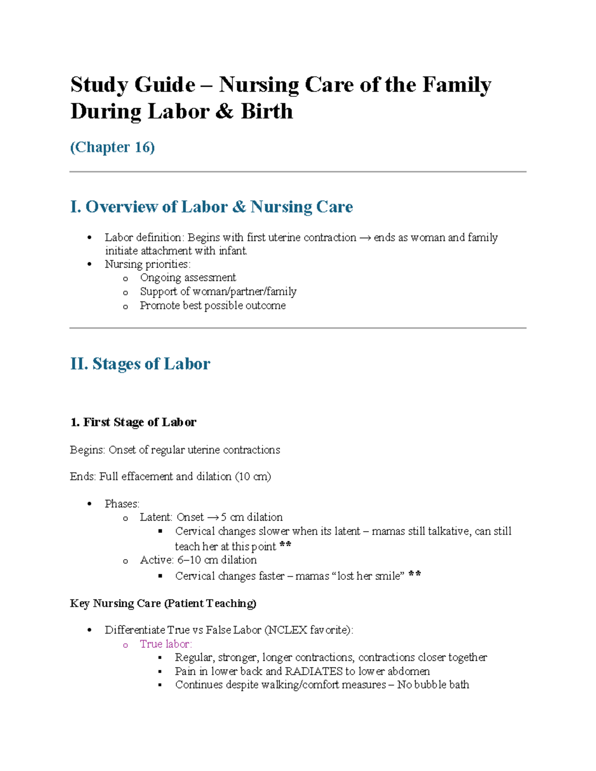 2213 - Nursing Care of Family During Labor & Birth (Chapter 16) Study ...