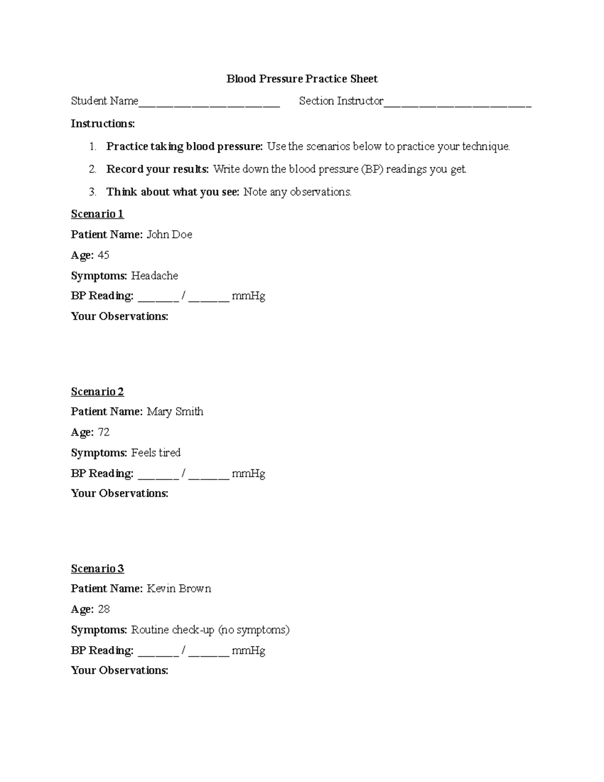 Blood Pressure Practice Sheet: Student Scenarios & Observations - Studocu